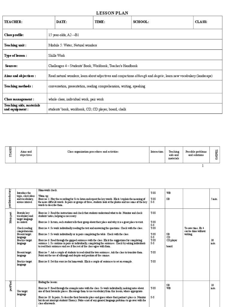 Lesson Plan: Teacher: Date: Time: School: Class | PDF | Reading ...