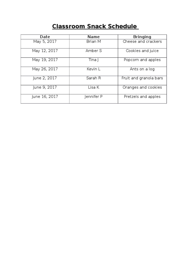 Classroom Snack Schedule | PDF