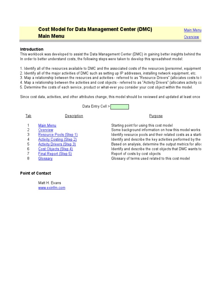 Cost Model For Data Management Center (DMC) Main Menu | PDF ...