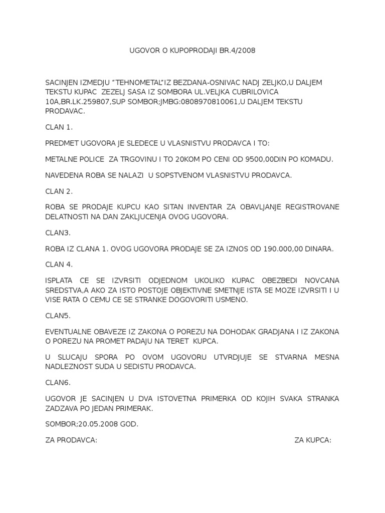 Ugovor o Kupoprodaji BR | PDF