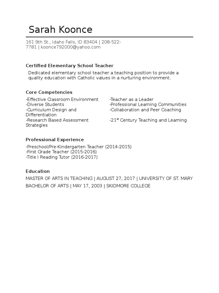 Sarah Koonce: 161 9th ST., Idaho Falls, ID 83404 - 208-522 | PDF ...