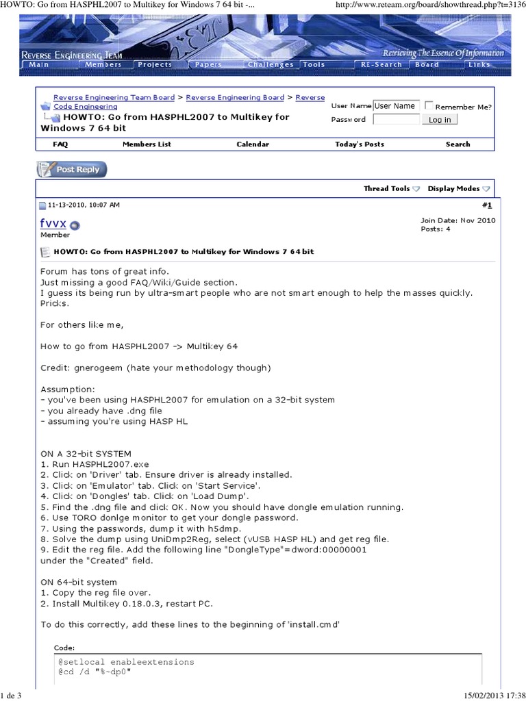 HOWTO Go From HASPHL2007 To Multikey For Windows7 64 Bit Reverse Engineering Team Board PDF ...