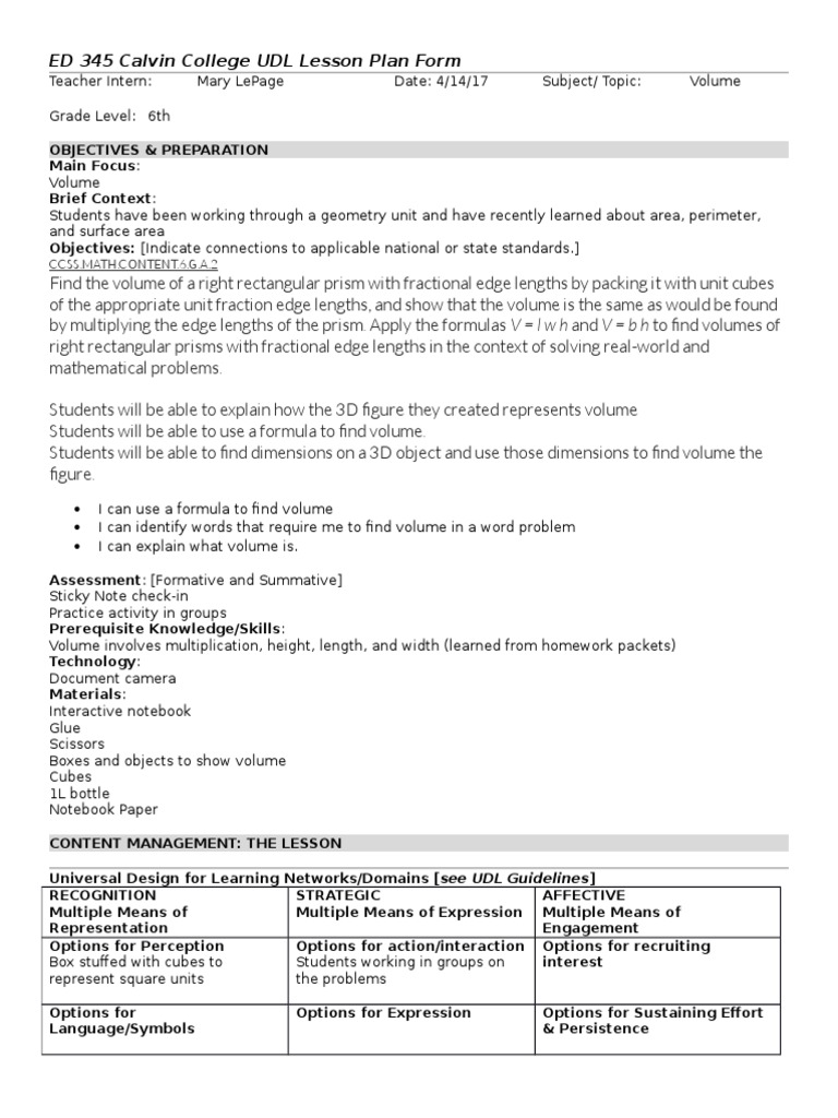 ED 345 Calvin College UDL Lesson Plan Form: Ccss - Math.Content.6.G.A.2 ...