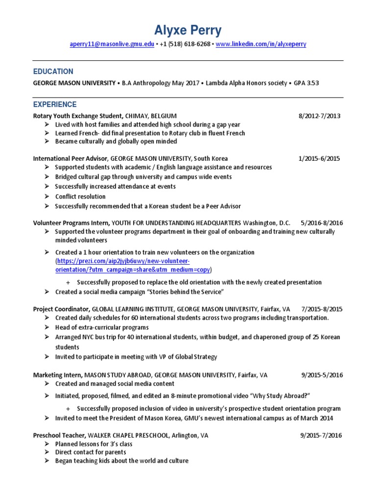 Alyxe Perry Resume | PDF | George Mason University | Volunteering