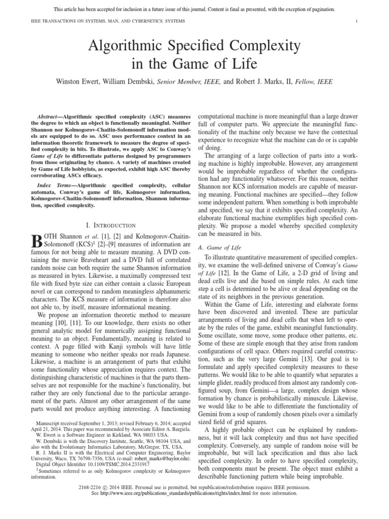 Algorithmic Specified Complexity in The Game of Life | PDF | Code ...