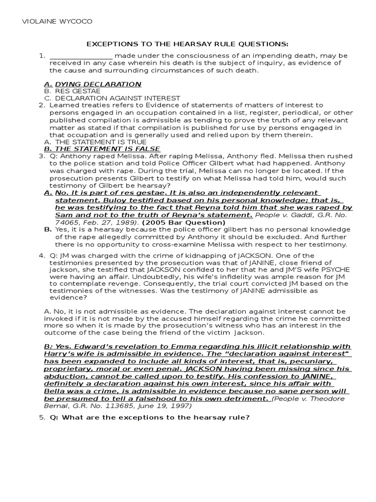 Exceptions To The Hearsay Rule Questionnaire | PDF | Hearsay | Testimony