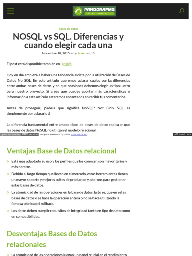 Blog Pandorafms Org Es Nosql Vs SQL Diferencias y Cuando Ele | PDF | No ...