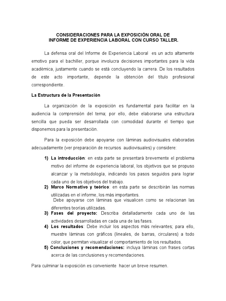 Guía para la exposición oral del informe de experiencia laboral (30 min | PDF | Teoría | Toma de ...