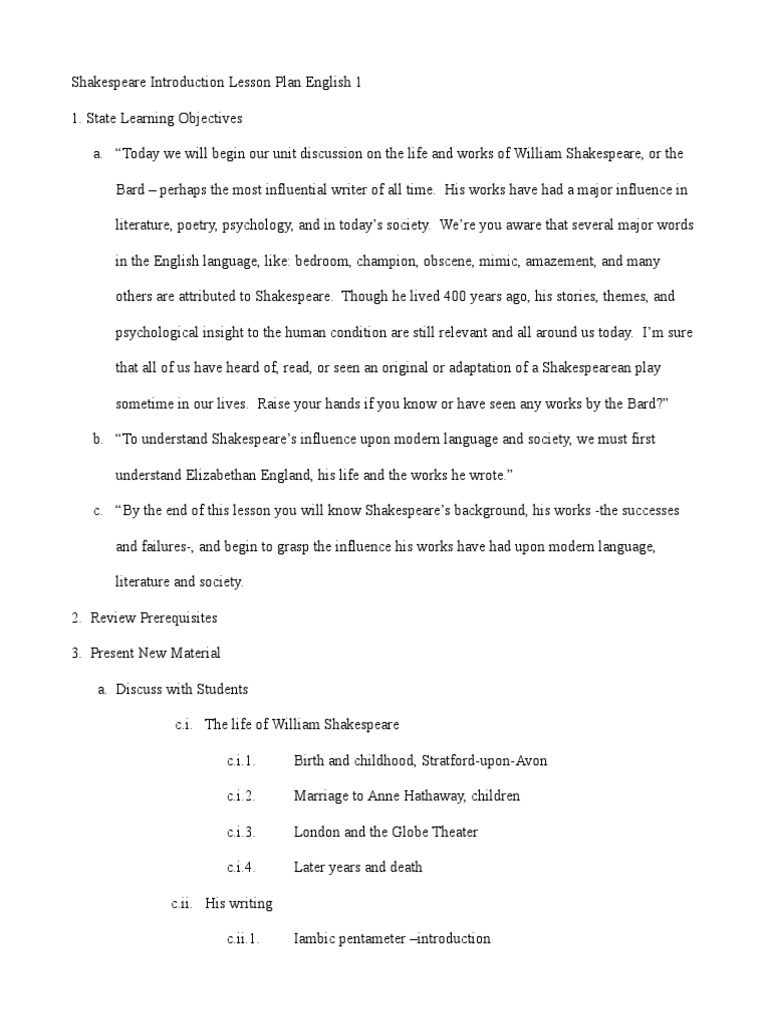 Shakespeare Lesson Plan | PDF | William Shakespeare | Lesson Plan