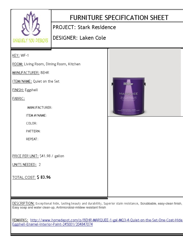 Furniture Specification Sheet: PROJECT: Stark Residence DESIGNER: Laken ...