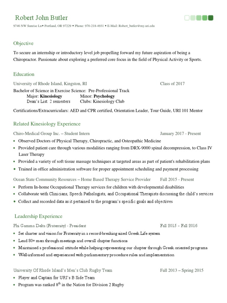 Robert Butler's Kinesiology Internship Resume | PDF | Physical Therapy ...
