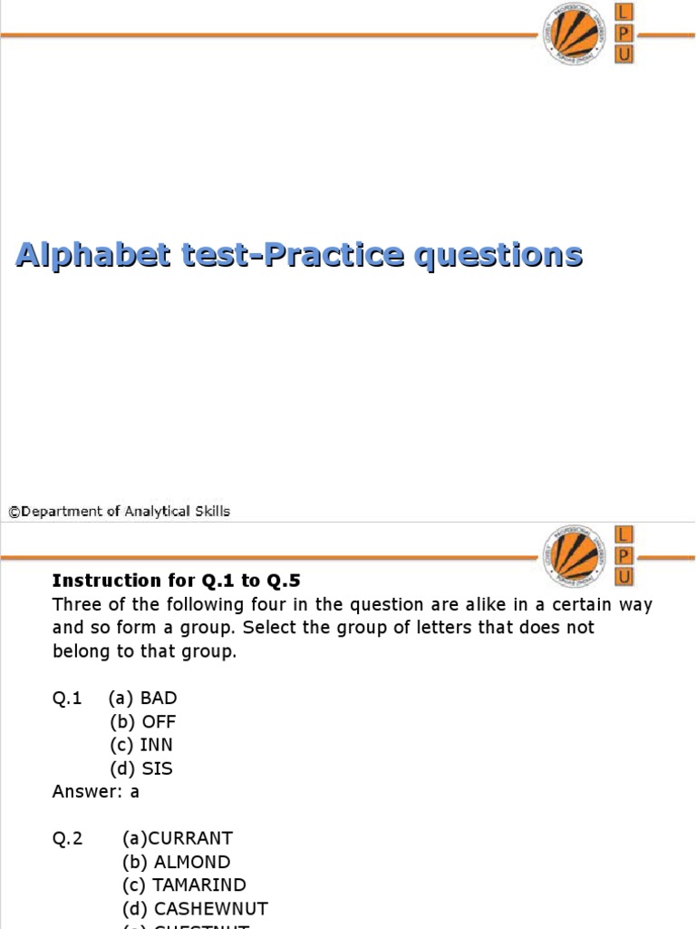 Alphabet Test Practice Questions | PDF | Collation | Encodings