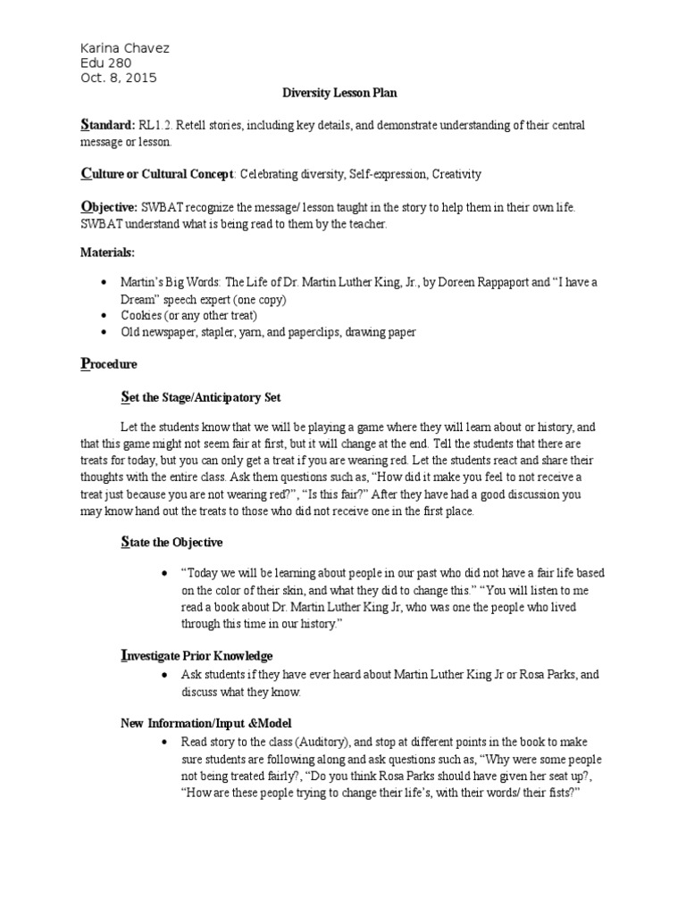Diversity Lesson Plan | PDF | Martin Luther King Jr. | Lesson Plan