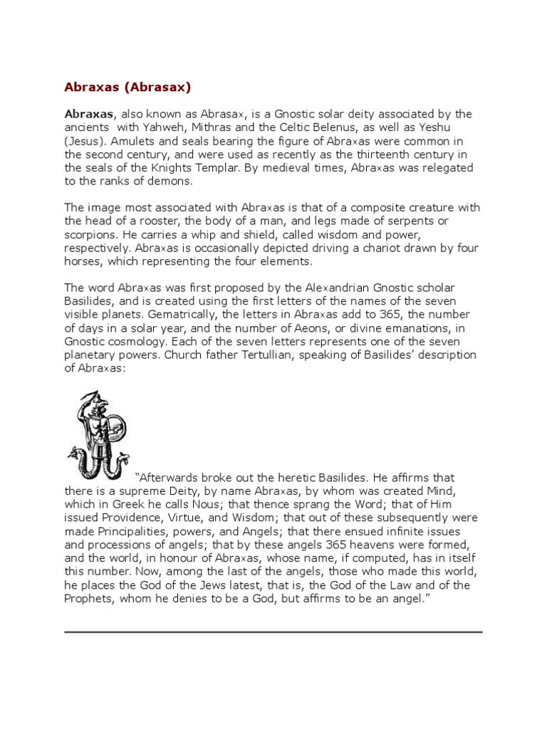 Abraxas (Abrasax) : Abraxas, Also Known As Abrasax, Is A Gnostic Solar ...