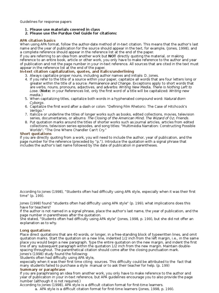 Guidelines For Response Papers | PDF | Citation | Apa Style