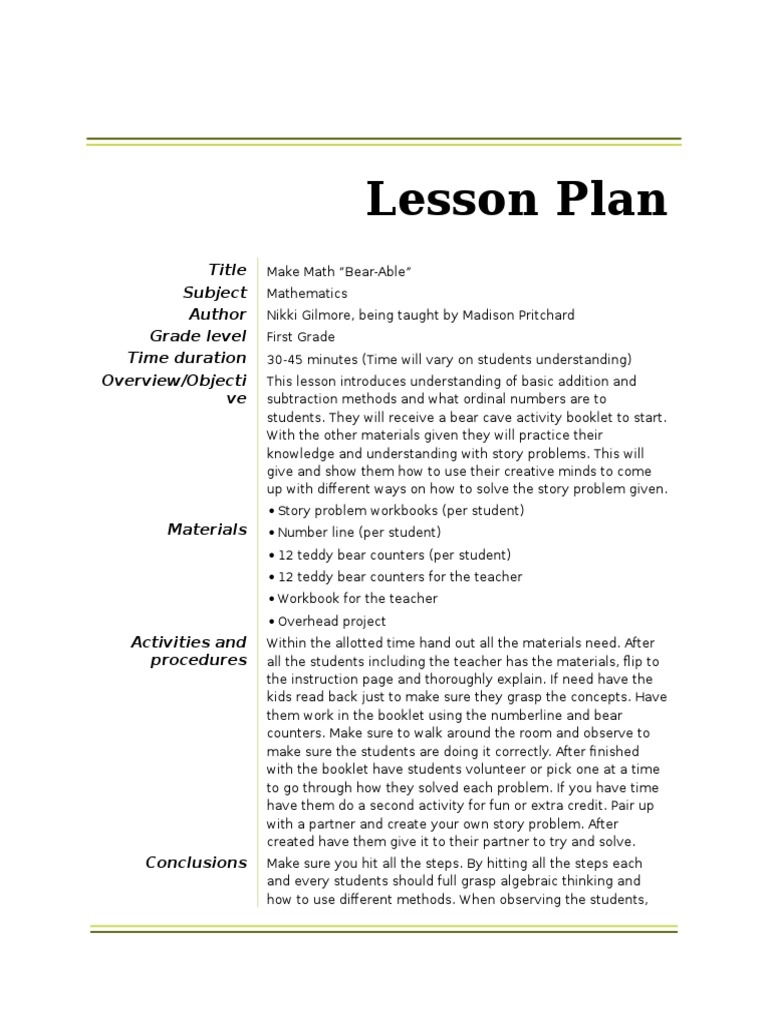Lesson Plan: Title Subject Author Grade Level Time Duration Overview ...