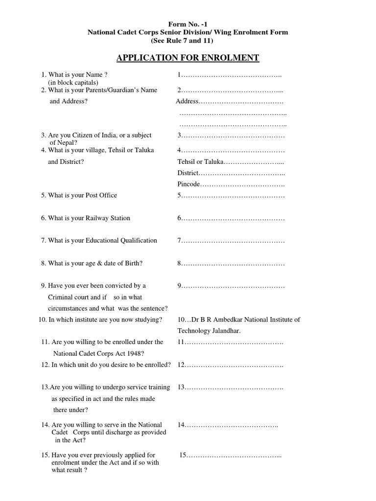 Application For Enrolment: Form No. - 1 National Cadet Corps Senior ...