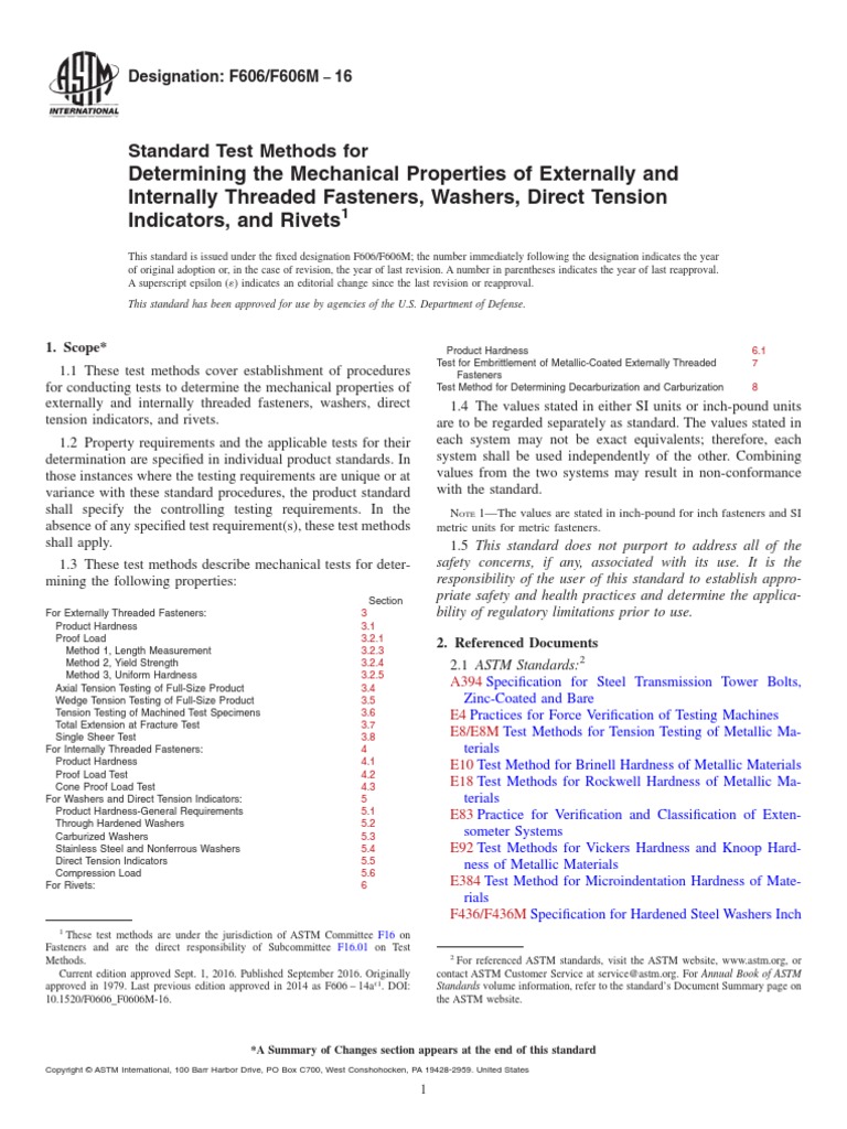 Astm F 606 F606M 2016 | PDF | Screw | Yield (Engineering)