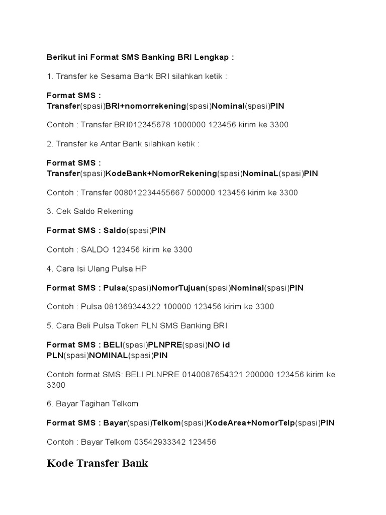 Berikut Ini Format SMS Banking BRI Lengkap | PDF