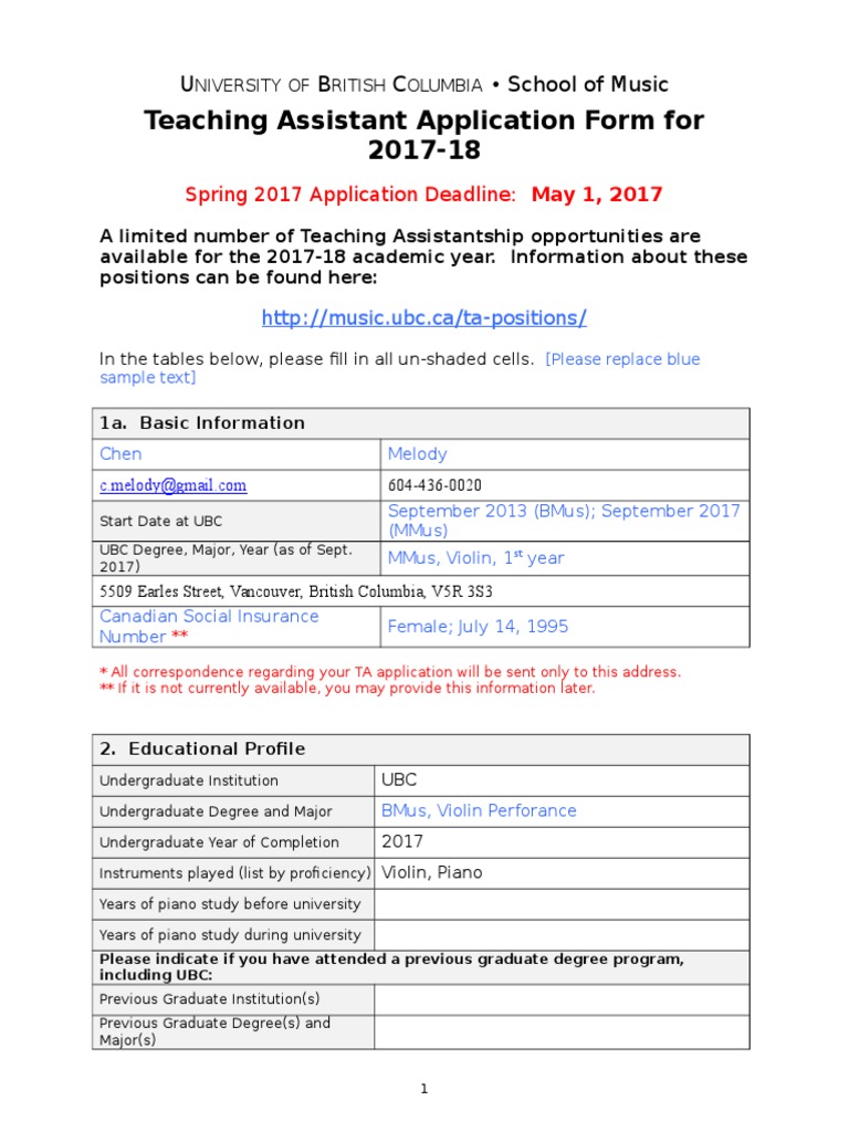 Teaching Assistant Application Form For 2017-18: U B C School of Music ...