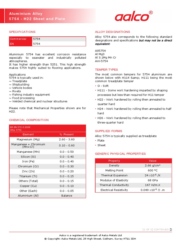 Aalco Metals Ltd Aluminium Alloy 5754 H22 Sheet and Plate 153 | Alloy ...