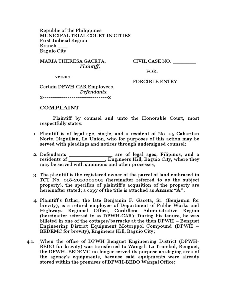 Complaint Draft Forcible Entry | PDF