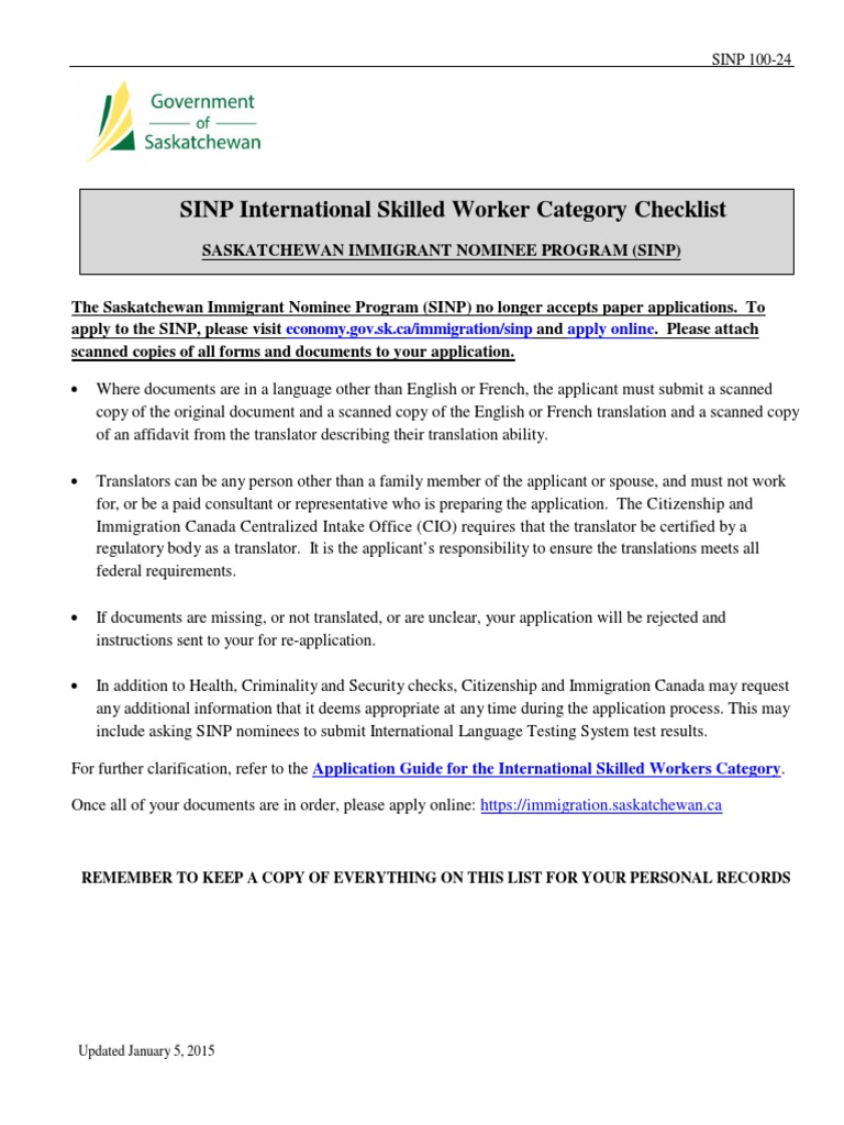 SINP International Skilled Worker Category Checklist: Economy - Gov.sk ...