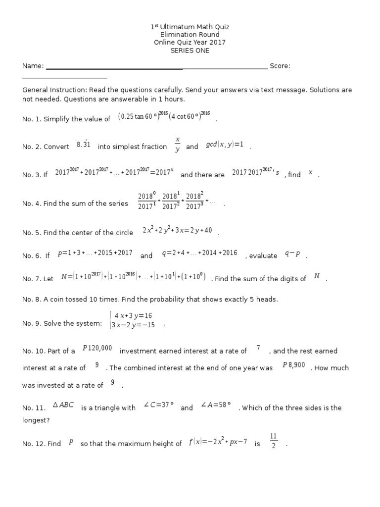 1st Ultimatum Math Quiz Series One | PDF | Triangle | Circle