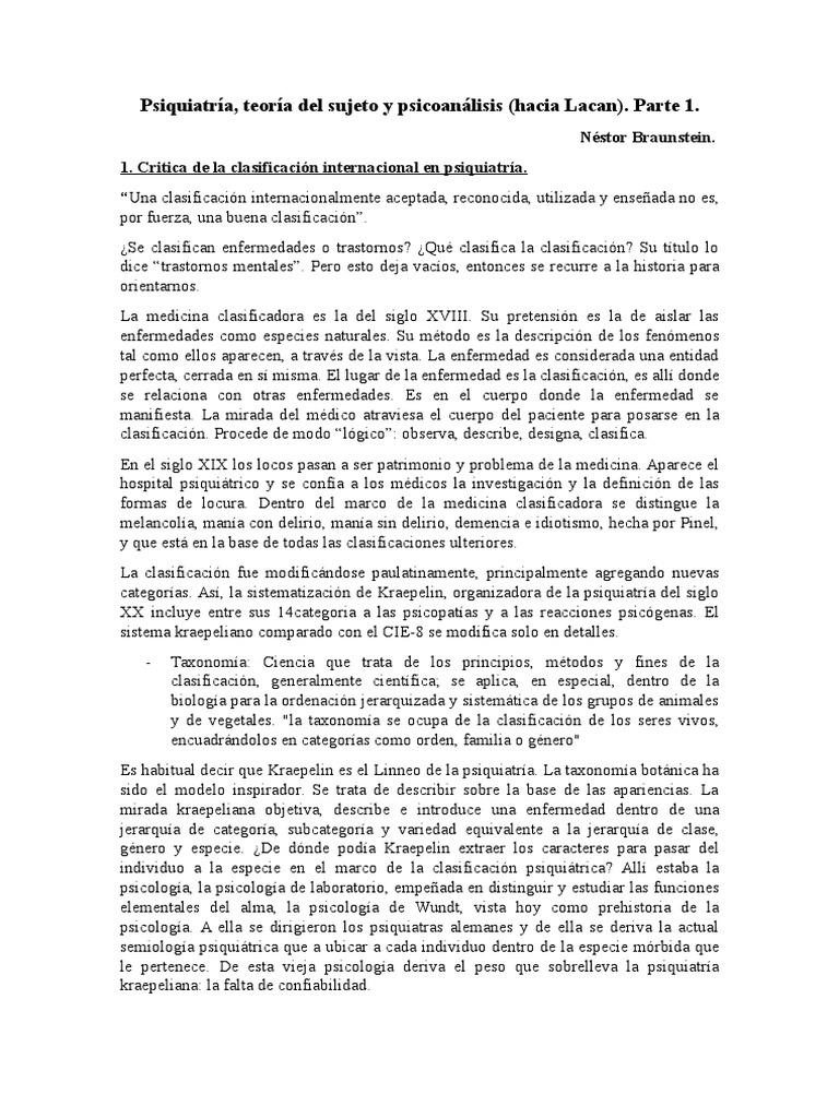 Psiquiatría, Teoría Del Sujeto, Psicoanálisis (Hacia Lacan), Parte 1, Néstor Braunstein | PDF ...