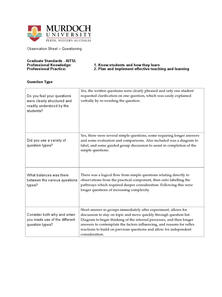 Official Observation Sheet | PDF | Teachers | Classroom