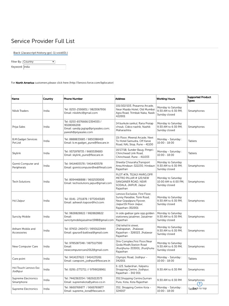 Comprehensive Service Provider List | PDF