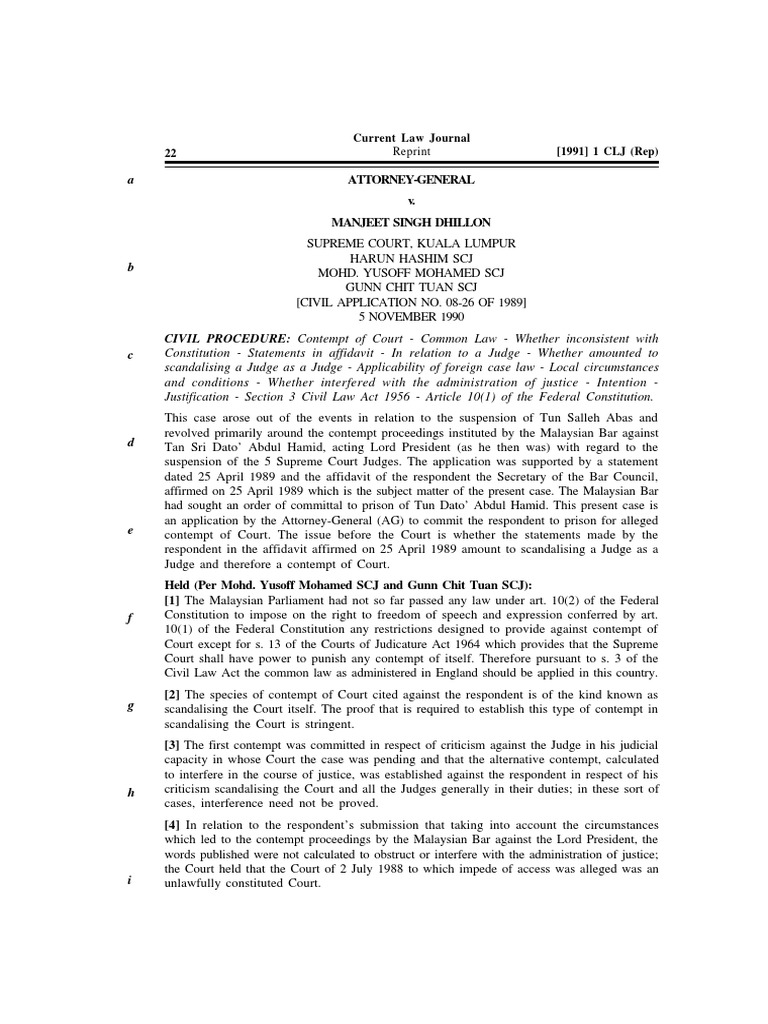 Analysis of Key Judgments in Attorney-General v. Manjeet Singh Dhillon ...