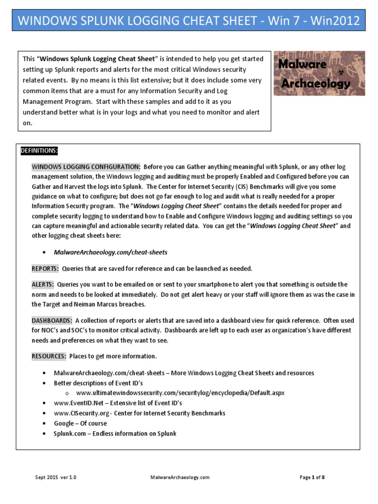 Windows Splunk Logging Cheat Sheet - Win 7 - Win2012: Definitions | PDF ...