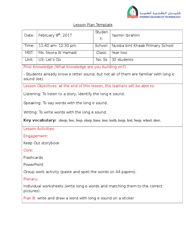 Long E Sound Lesson Plan for Year 2 | PDF | Lesson Plan | Pedagogy