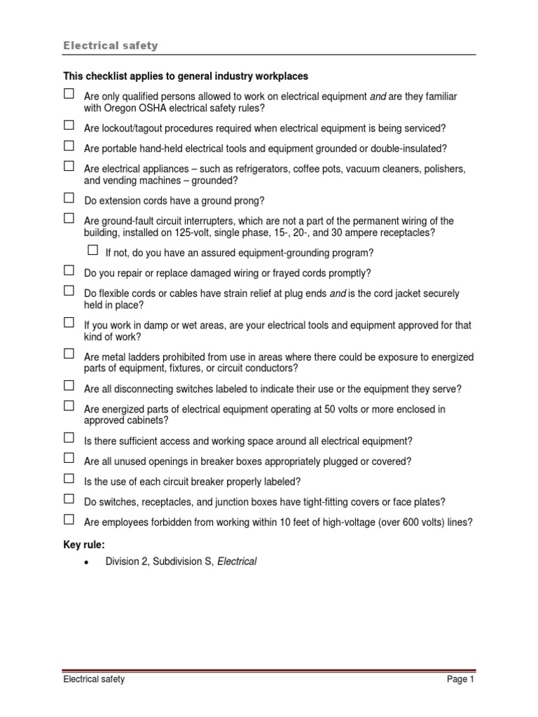Electrical Safety Checklist for Workplaces | PDF | Technology & Engineering