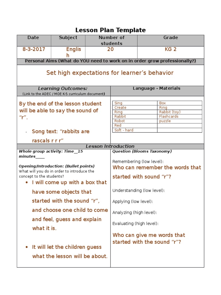 Set high expectations for learner’s behavior: Lesson Plan Template ...