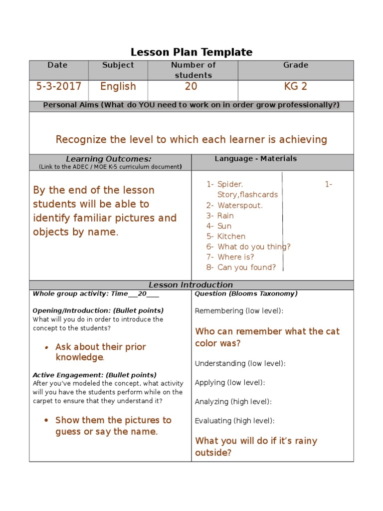 5-3-2017 English 20 KG2: Lesson Plan Template | PDF | Lesson Plan ...