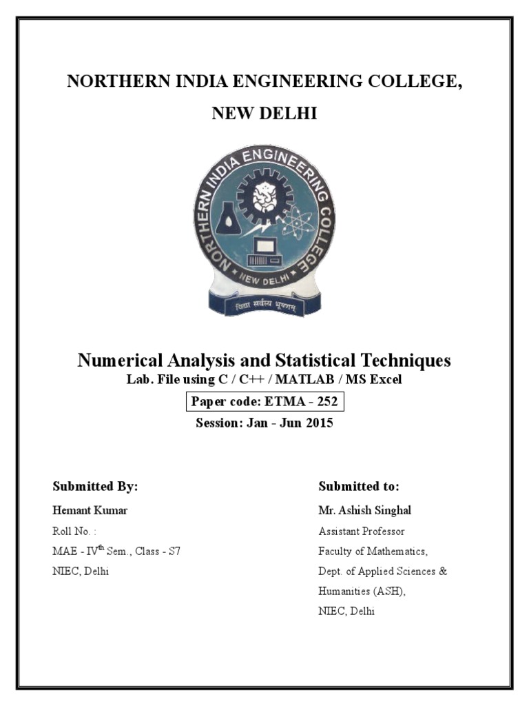 Numerical Analysis and Statistical Techniques Lab Report: Application ...