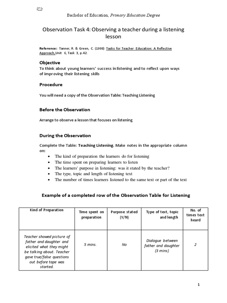 Observation Table | PDF | Teachers | Reading Comprehension