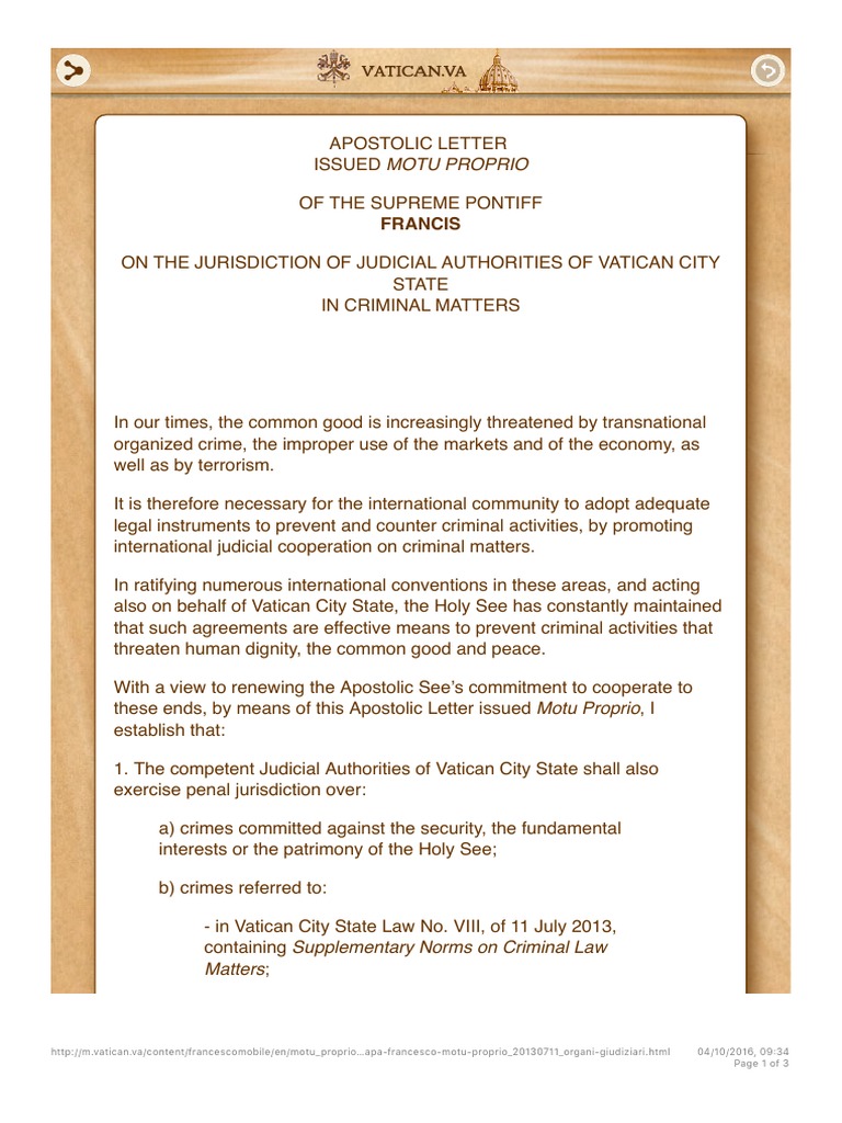 Apostolic Letter Issued Motu Proprio On The Jurisdiction of Judicial ...