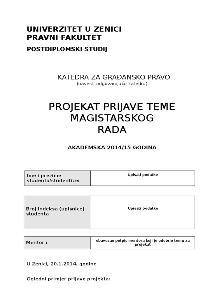 Primjer Projekta Prijave Teme Magistarskog Rada | PDF