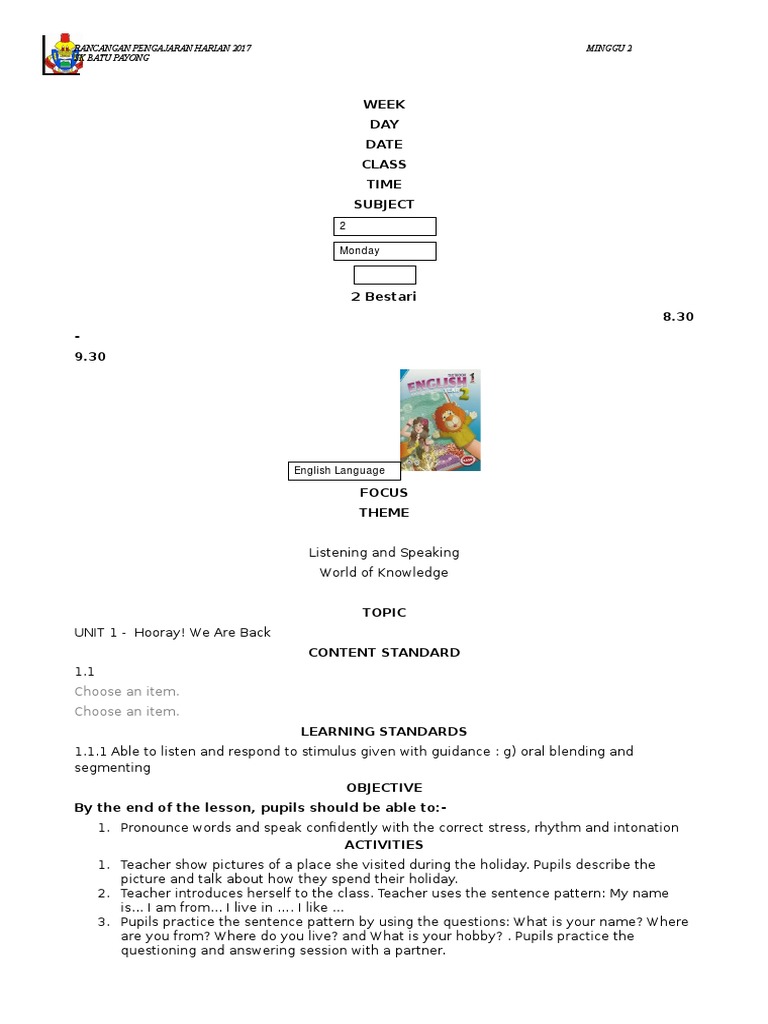 Lesson Plan Yr 2 Week 1 at 2017 | PDF | English Language | Educational ...