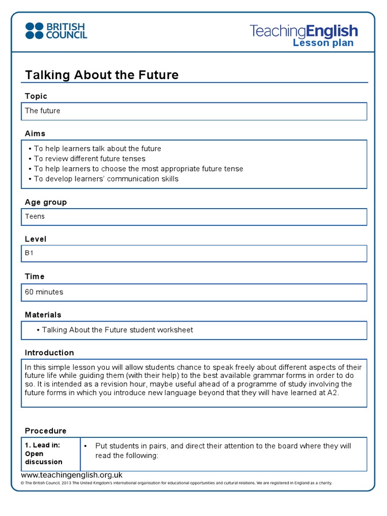 Talking About The Future Lesson Plan | PDF | Lesson Plan | Auction