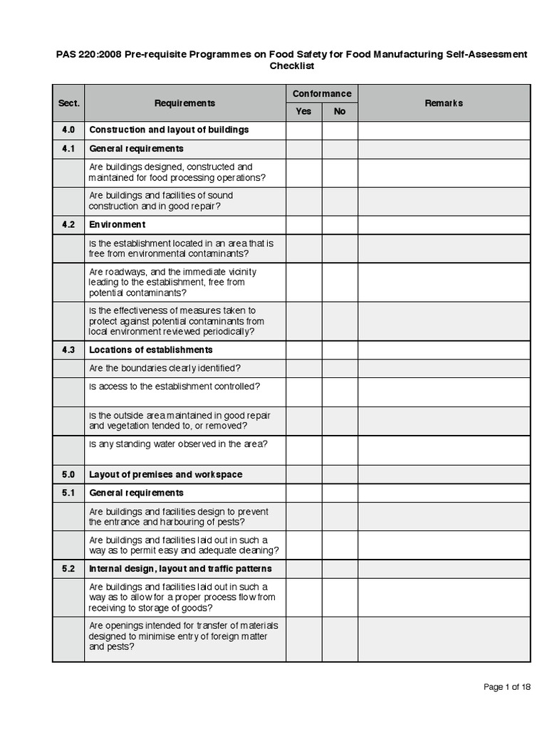 PAS 220 2008 Checklist | PDF | Hygiene | Water