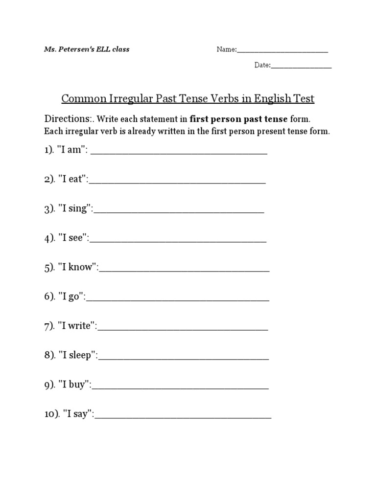 Irregular Past Tense Verbs Test | PDF