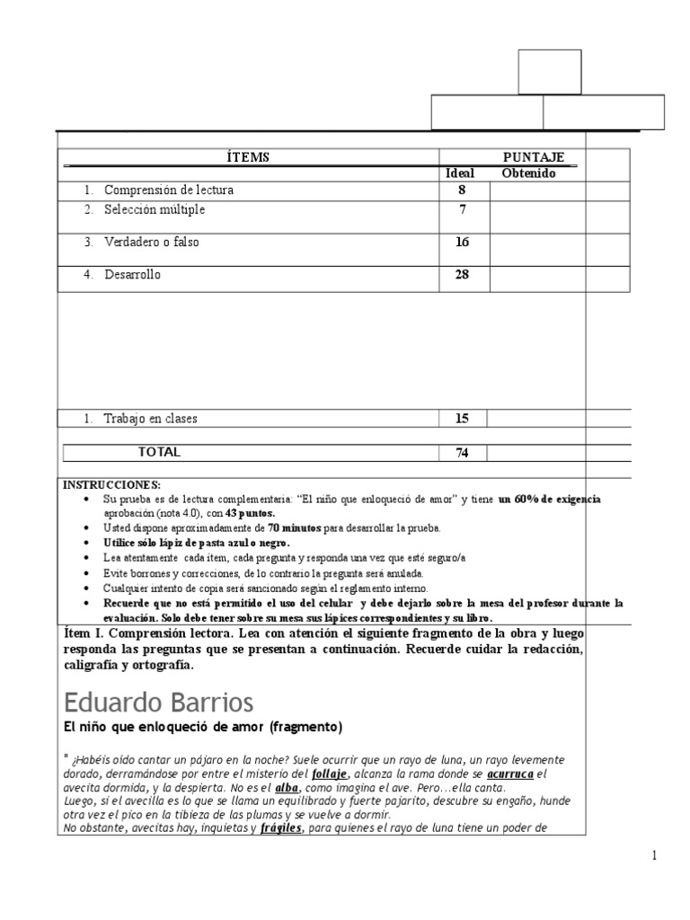 Prueba de comprensión: "El niño que enloqueció de amor" | PDF | Idiomas