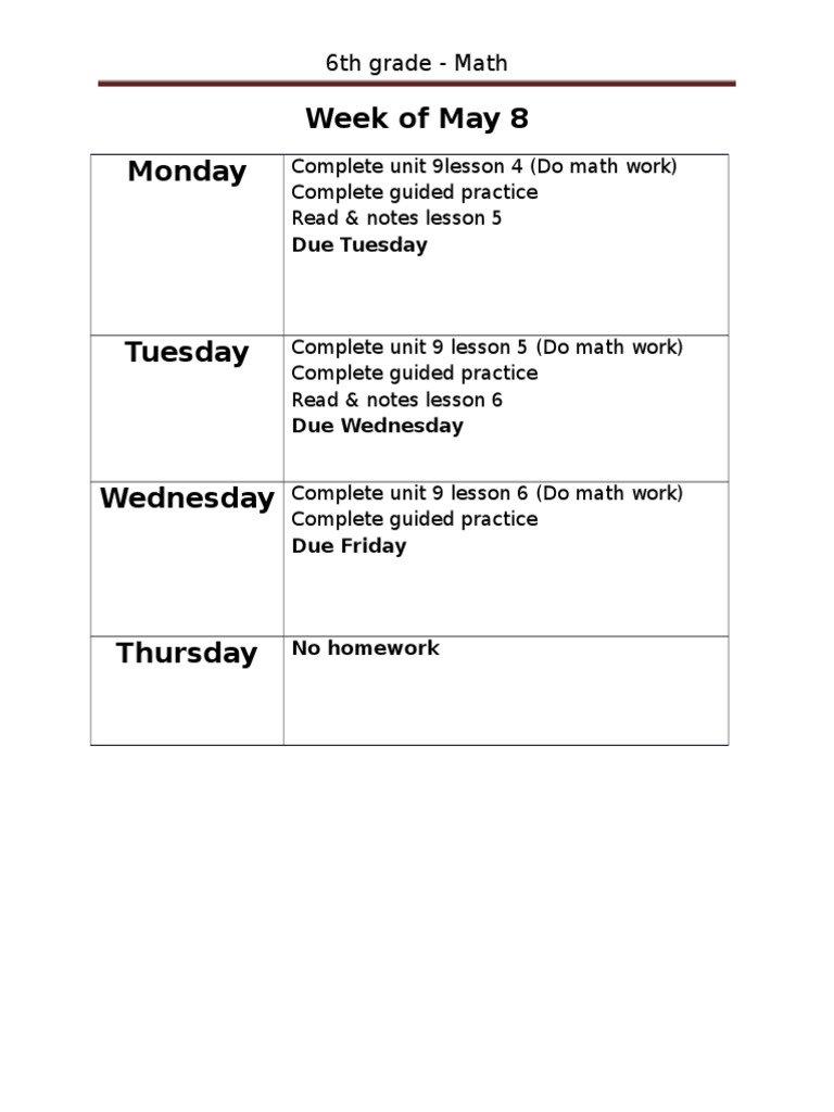 Weekly Homework Calendar | PDF