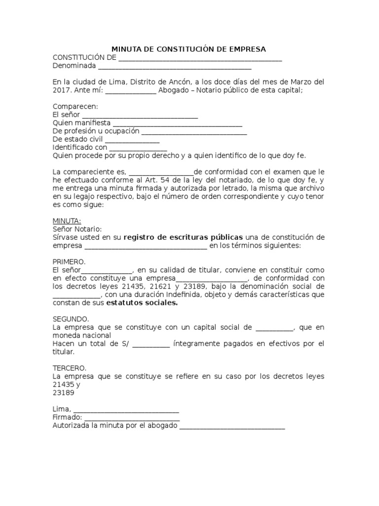 Minuta de Constitucion de Empresa