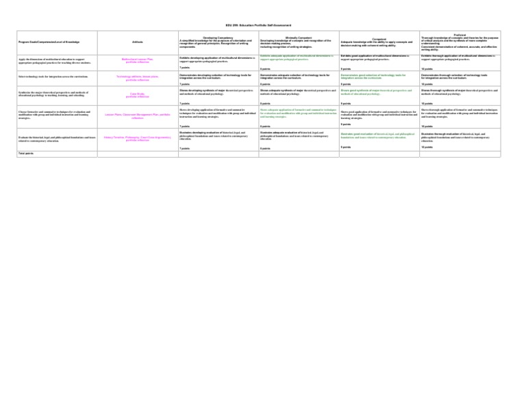 Portfolio Self-Assessment Rubric Matrix | PDF | Educational Psychology ...