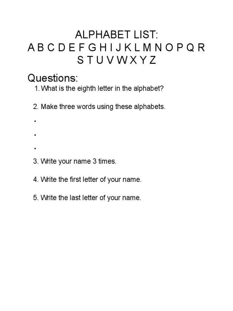 Alphabet List: Abcdefghijklmnopqr Stuvwxyz Questions | PDF | Language ...